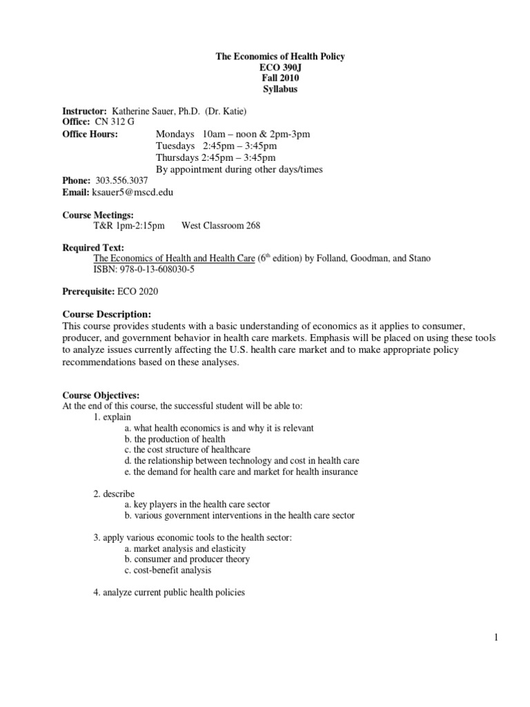 Health Economics Course Syllabus | PDF | Homework | Syllabus