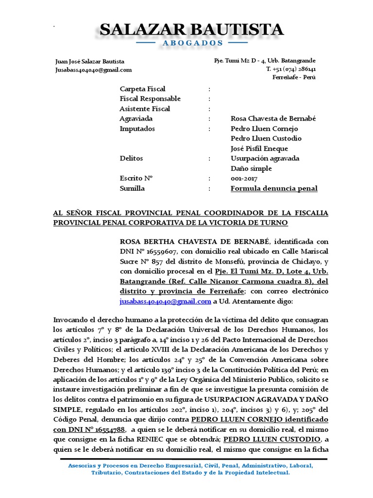 Modelo de Denuncia Por Usurpacion y Daños NCPP | Derecho penal | Bienes ...