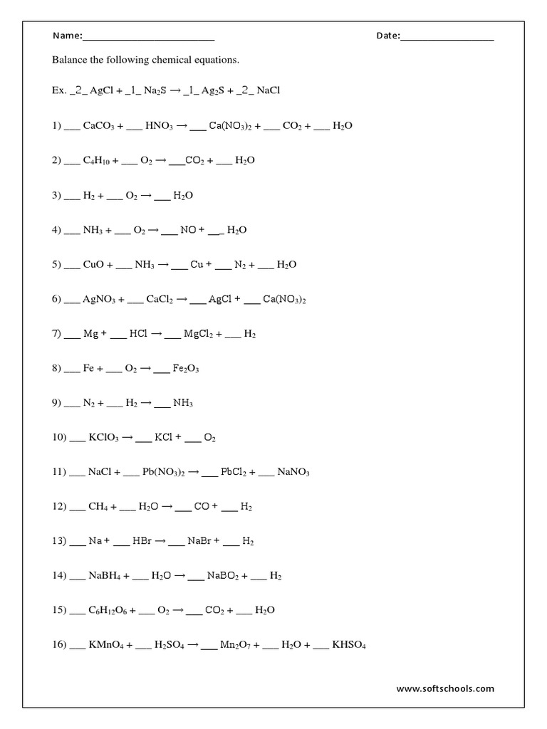Balancing Chemical Equations Worksheets 1 | PDF