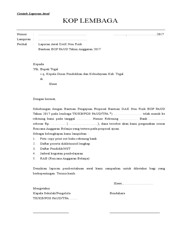 Contoh Draft Laporan Awal Dan SPJ Bop Paud 2017 | PDF