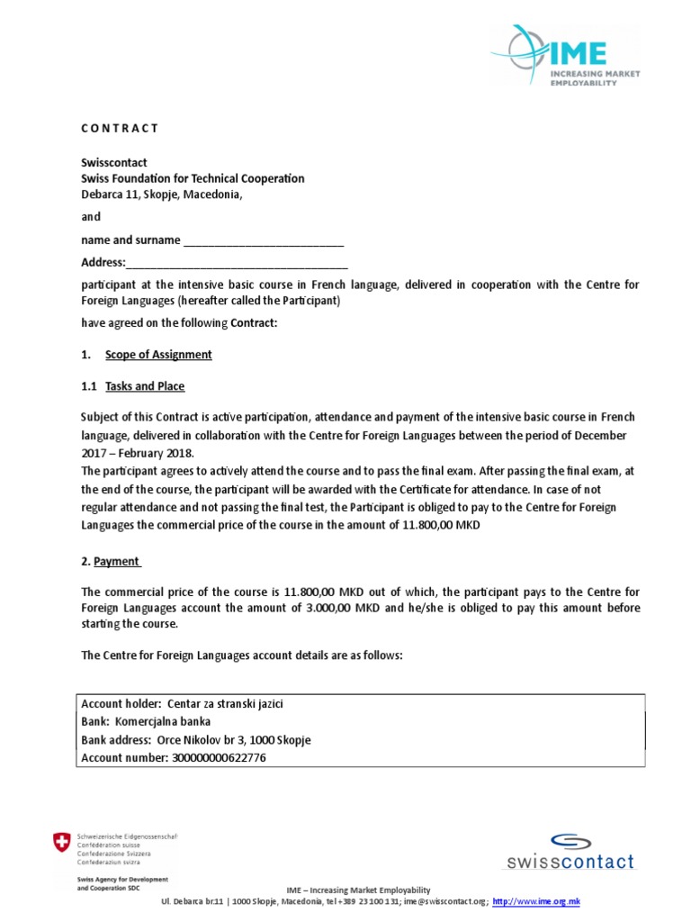 Contract Swisscontact Swiss Foundation for Technical Cooperation ...