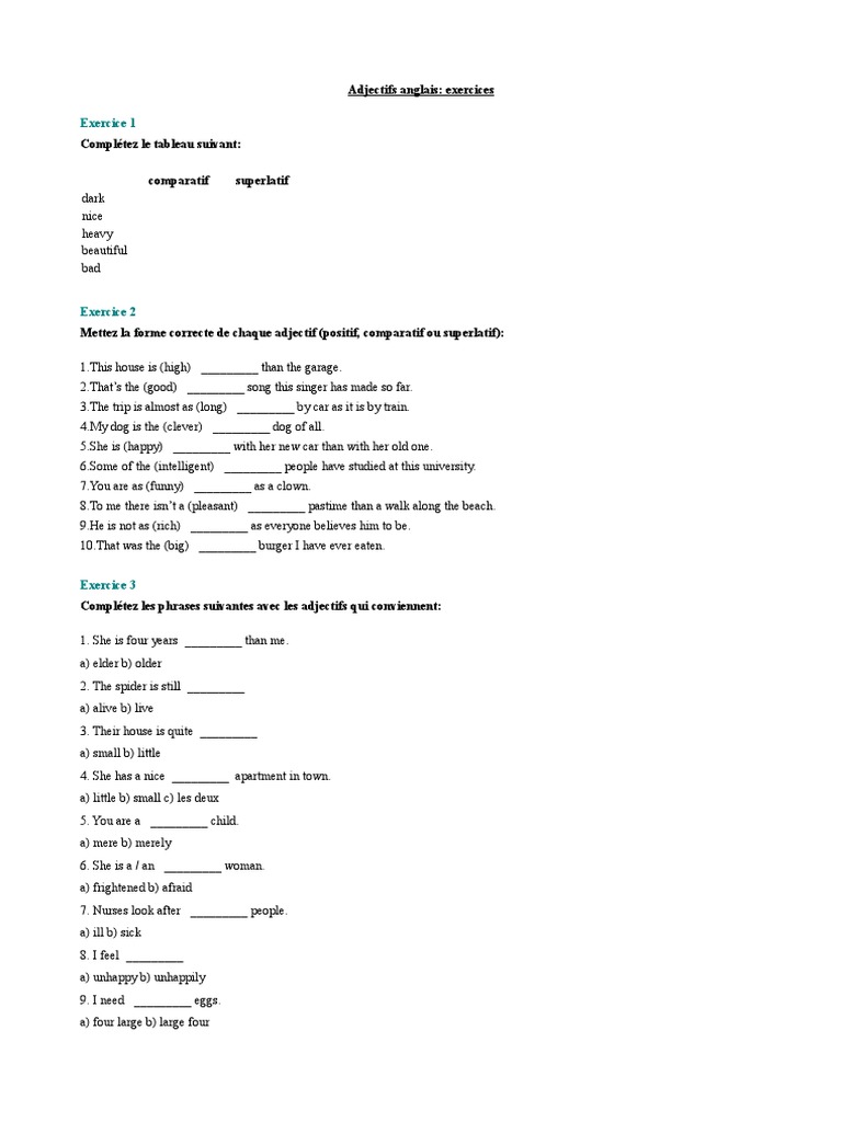 Adjectif Anglais Exercices | PDF