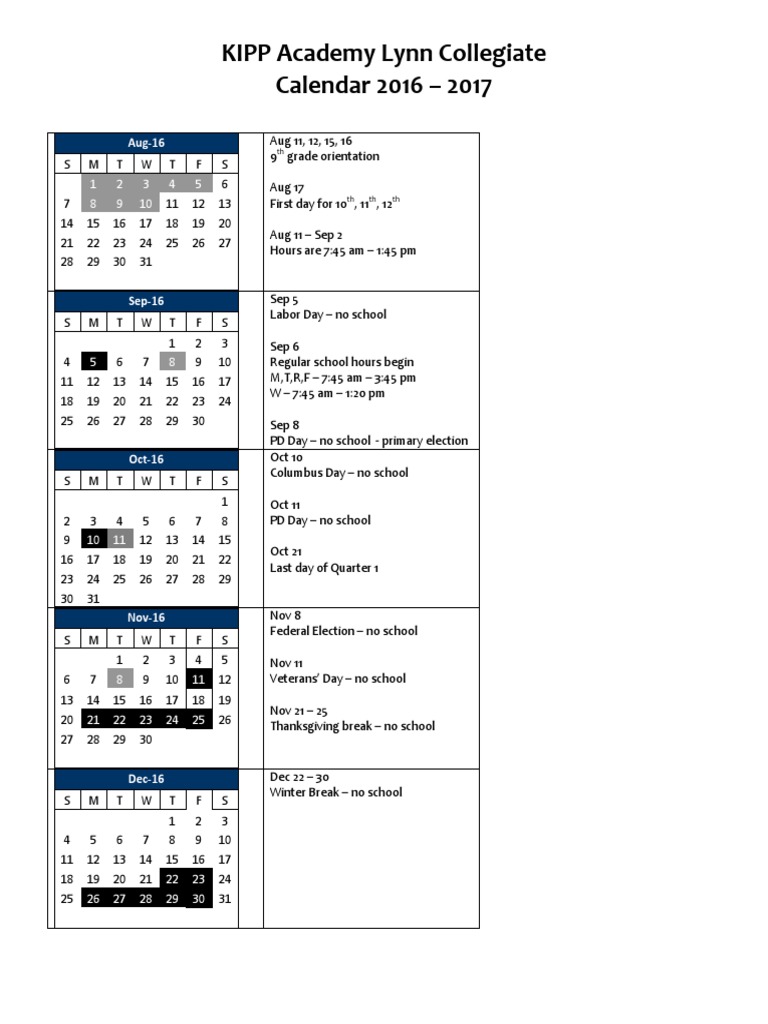 KIPP Academy Lynn Collegiate Calendar 2016 - 2017 | PDF | Educational ...