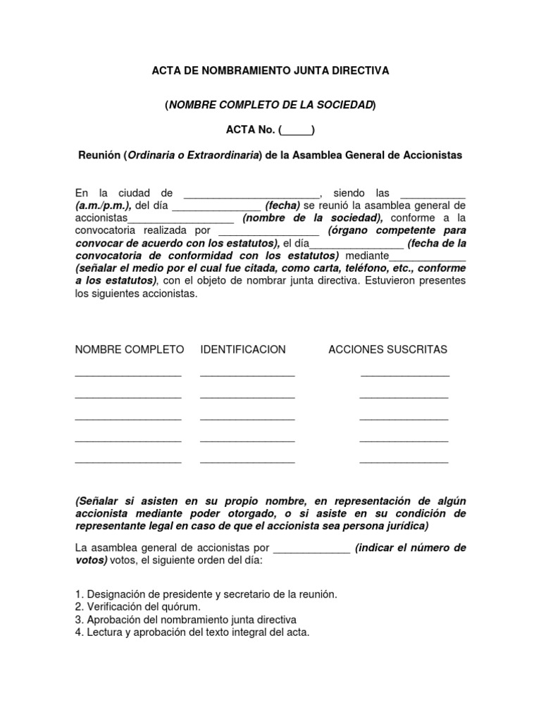 Acta de Nombramiento de Junta Directiva 1 | PDF | Quórum | Gobierno