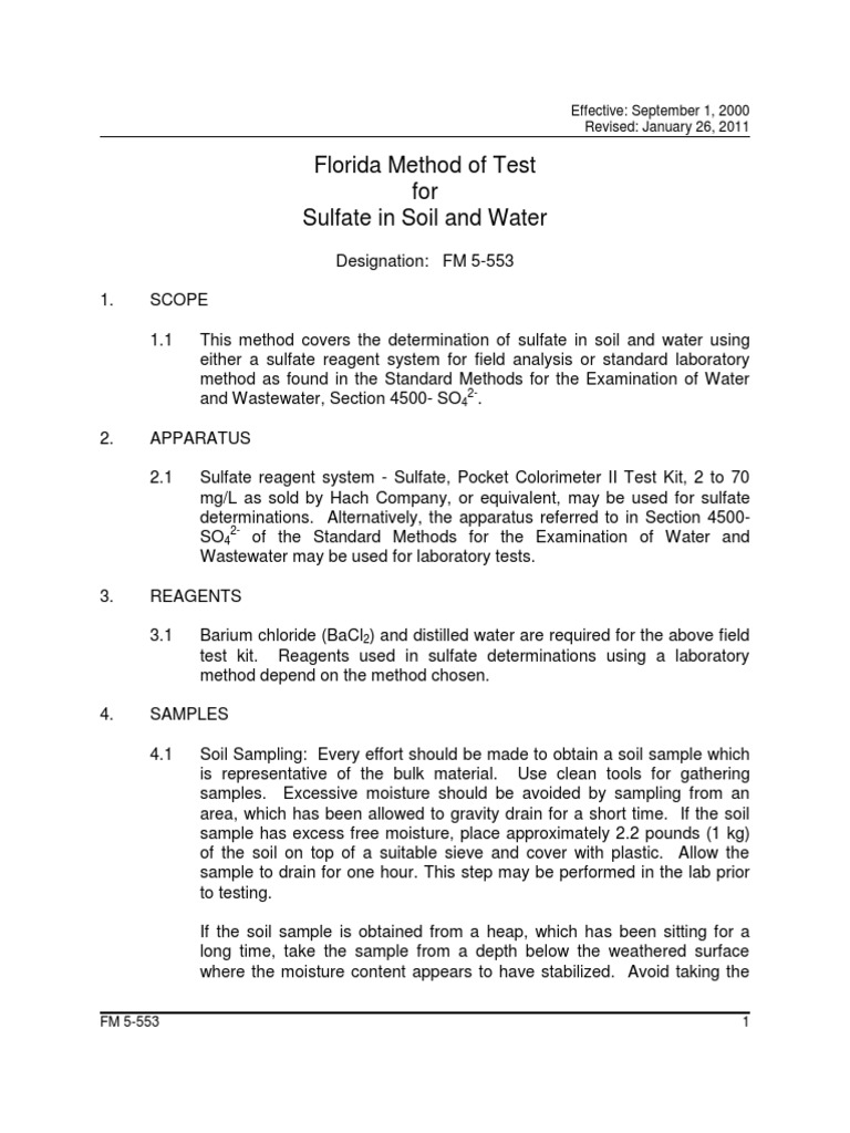 Florida Method of Test For Sulfate in Soil and Water Fm5-553 | PDF ...