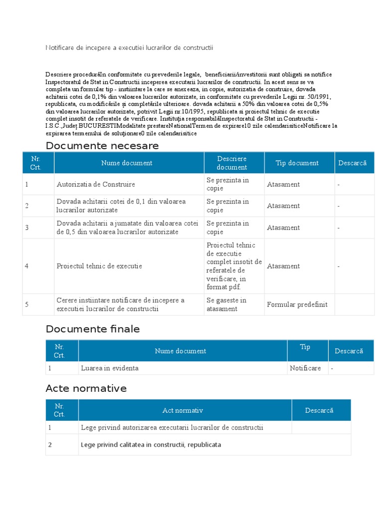 Notificare de Incepere A Executiei Lucrarilor de Constructii - Site ISC ...