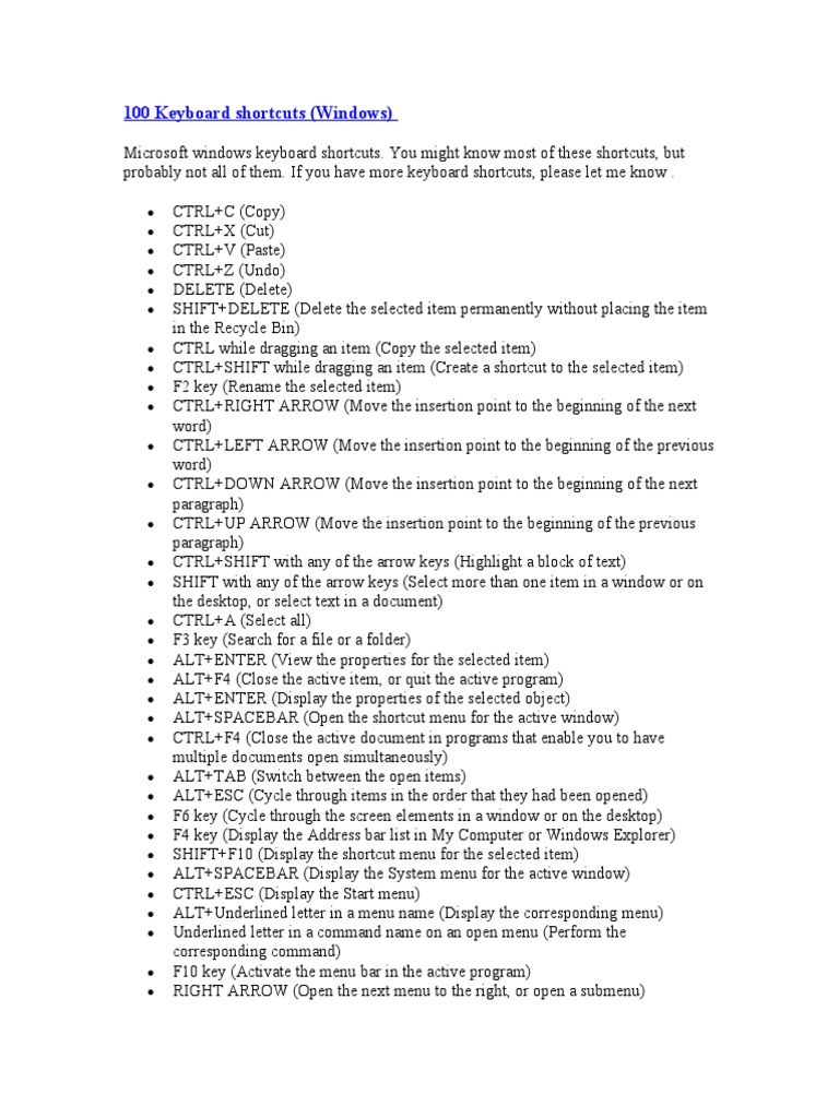 100 Keyboard Shortcuts | PDF | Computer Keyboard | Microsoft Windows