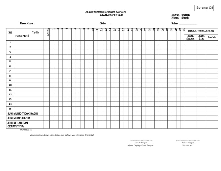 Rekod Kehadiran Murid RMT 2018 | PDF