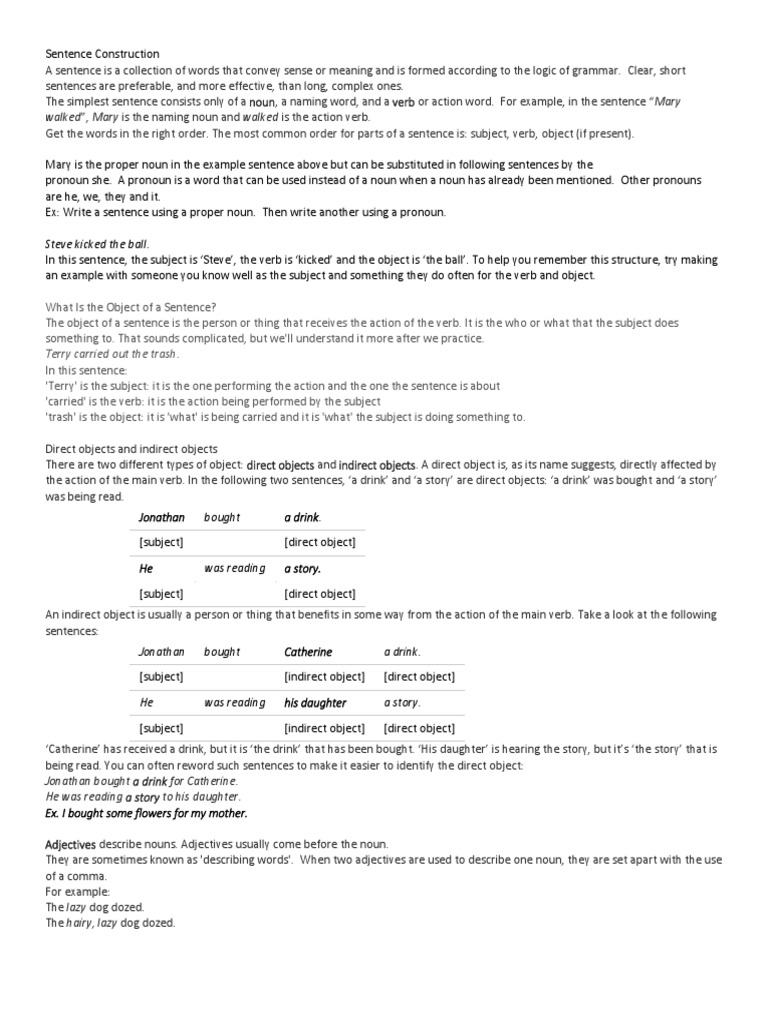 Sentence Construction | PDF | Verb | Subject (Grammar)