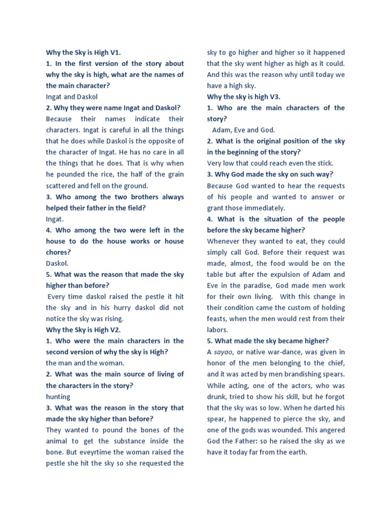 Question and Answers - Why The Sky Is High V1 | PDF