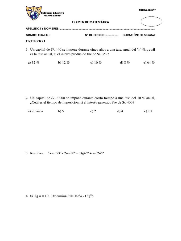Examen de Matemática | PDF