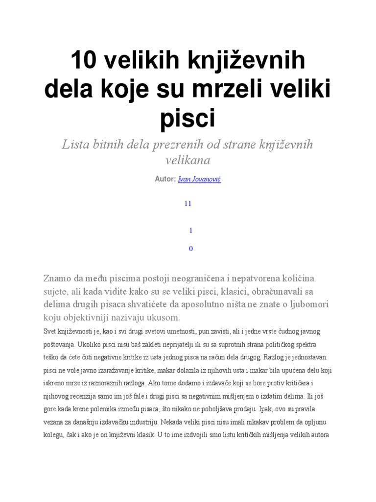 10 Velikih Književnih Dela Koje Su Mrzeli Veliki Pisci | PDF