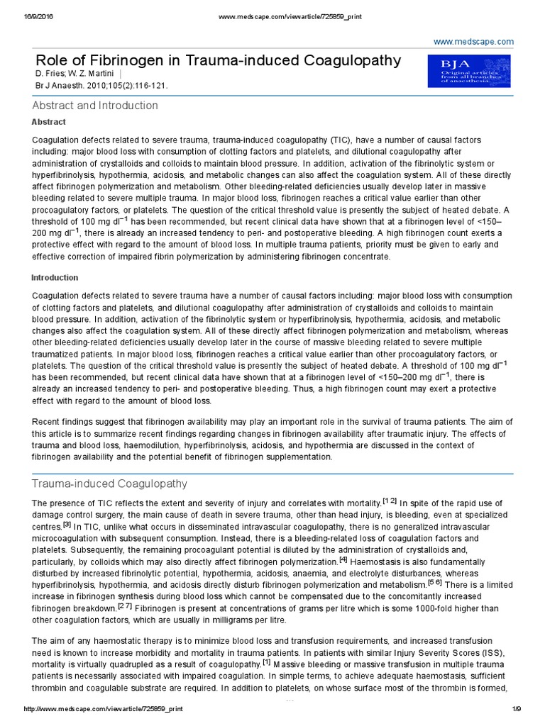 Role of Fibrinogen in Trauma Induced Coagulopathy: Abstract and ...