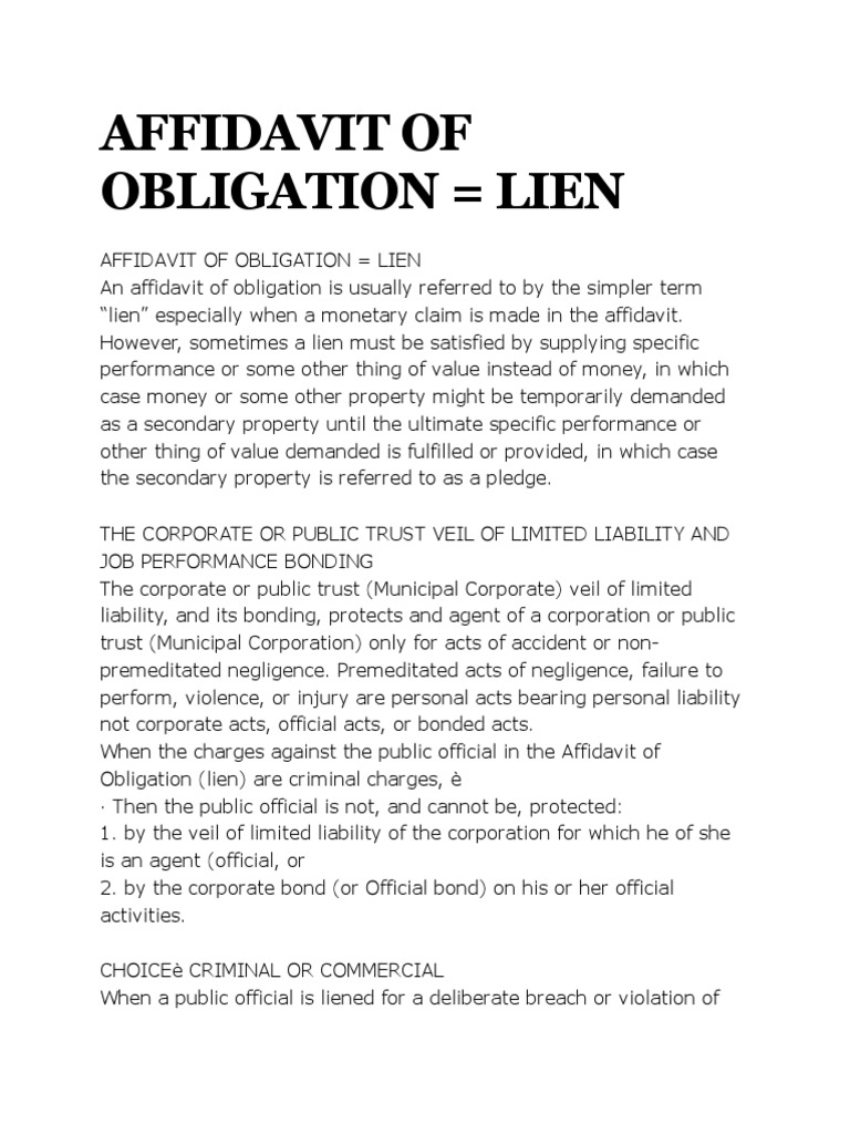 Affidavit of Obligation | PDF | Legal Liability | Lien