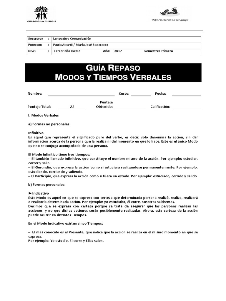 Guía Modos y Tiempos Verbales | Descargar gratis PDF | Verbo | Estilo ...