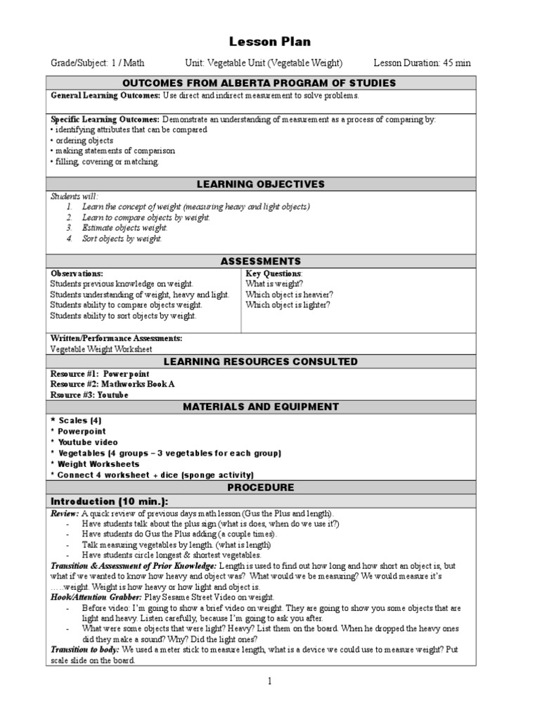 Weight Measurement Lesson for Grade 1 | PDF | Educational Assessment ...