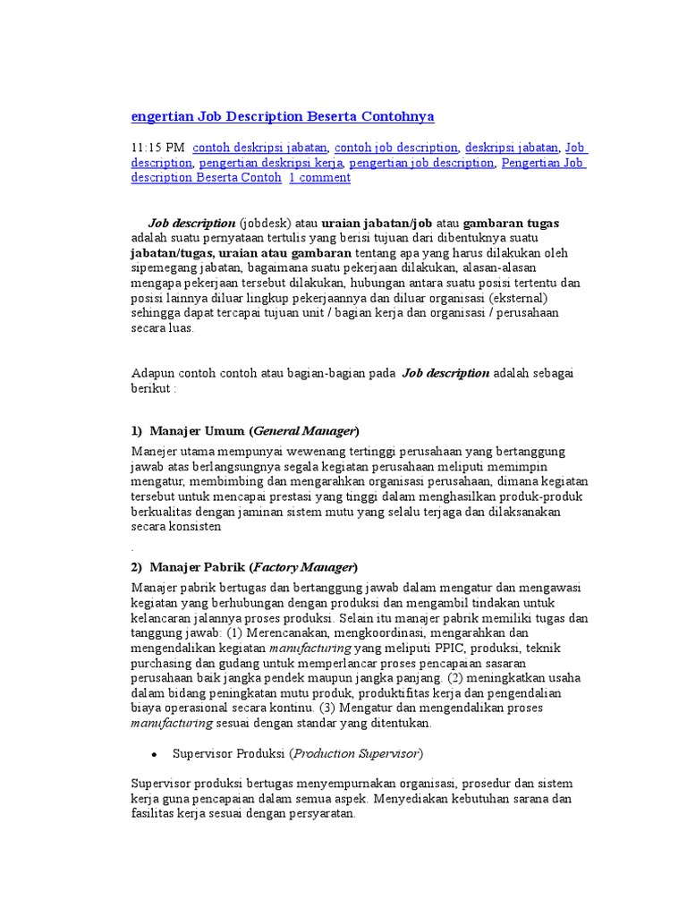 Pengertian Job Description Beserta Contohnya | PDF