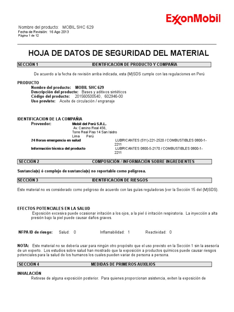 Mobil SHC 629 | PDF | Descarga electrostática | Agua