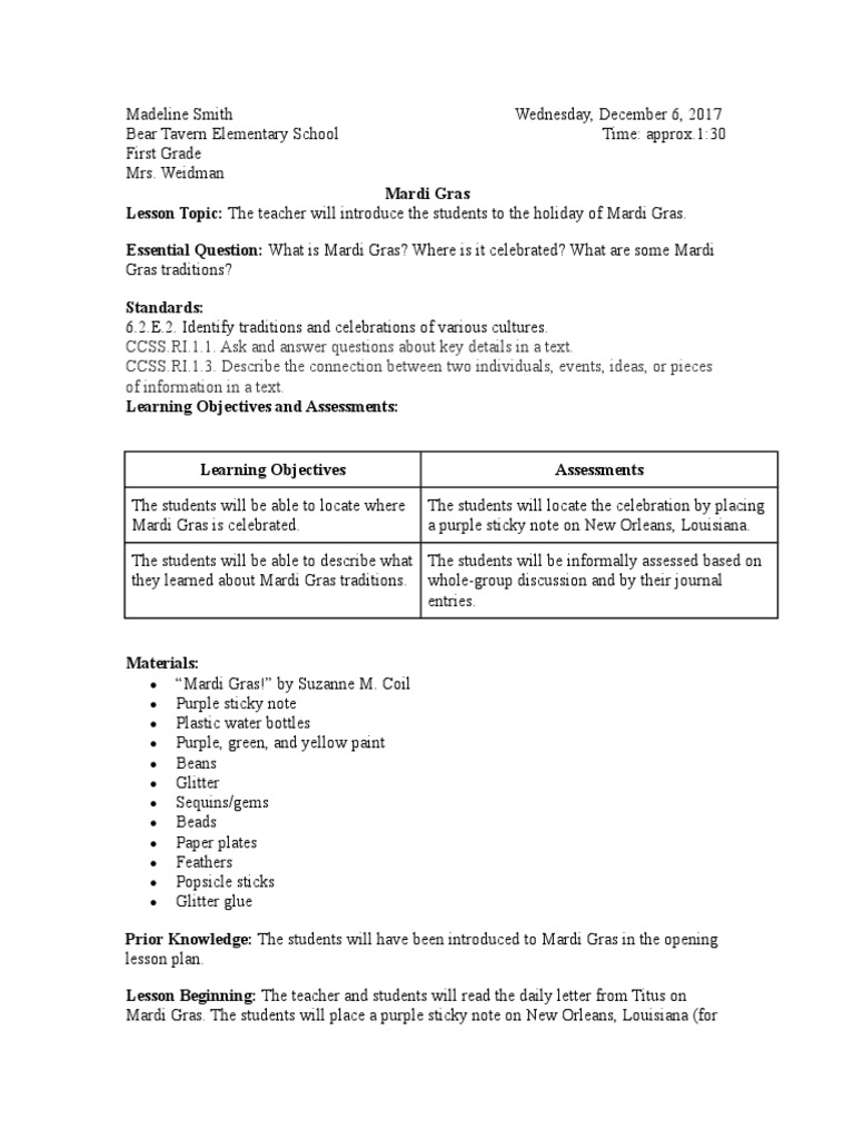 Mardi Gras Lesson | PDF | Classroom | Classroom Management