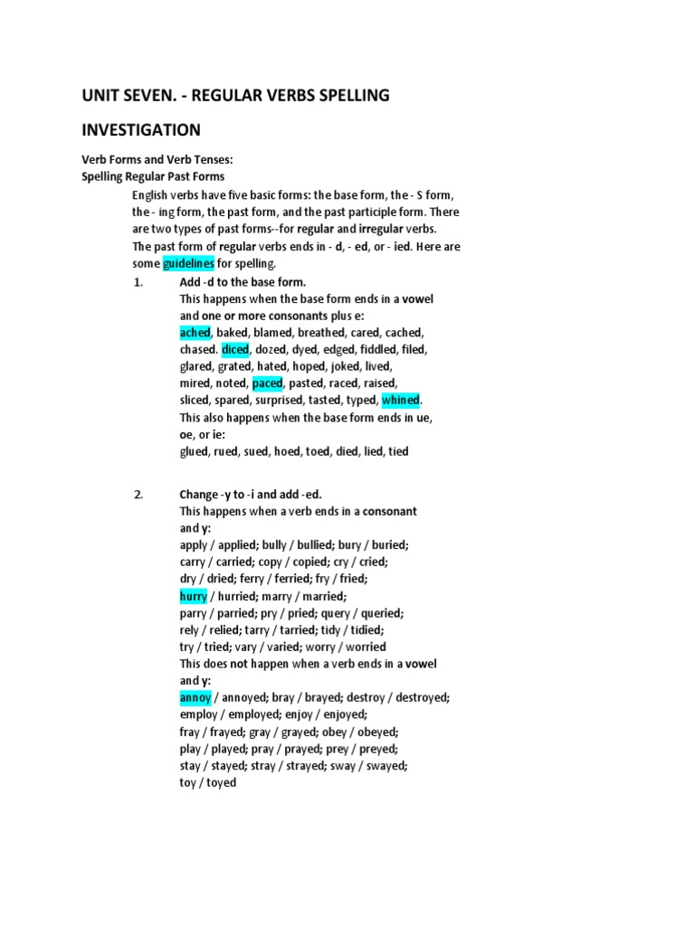 Unit Seven. - Regular Verbs Spelling Investigation: Verb Forms and Verb ...