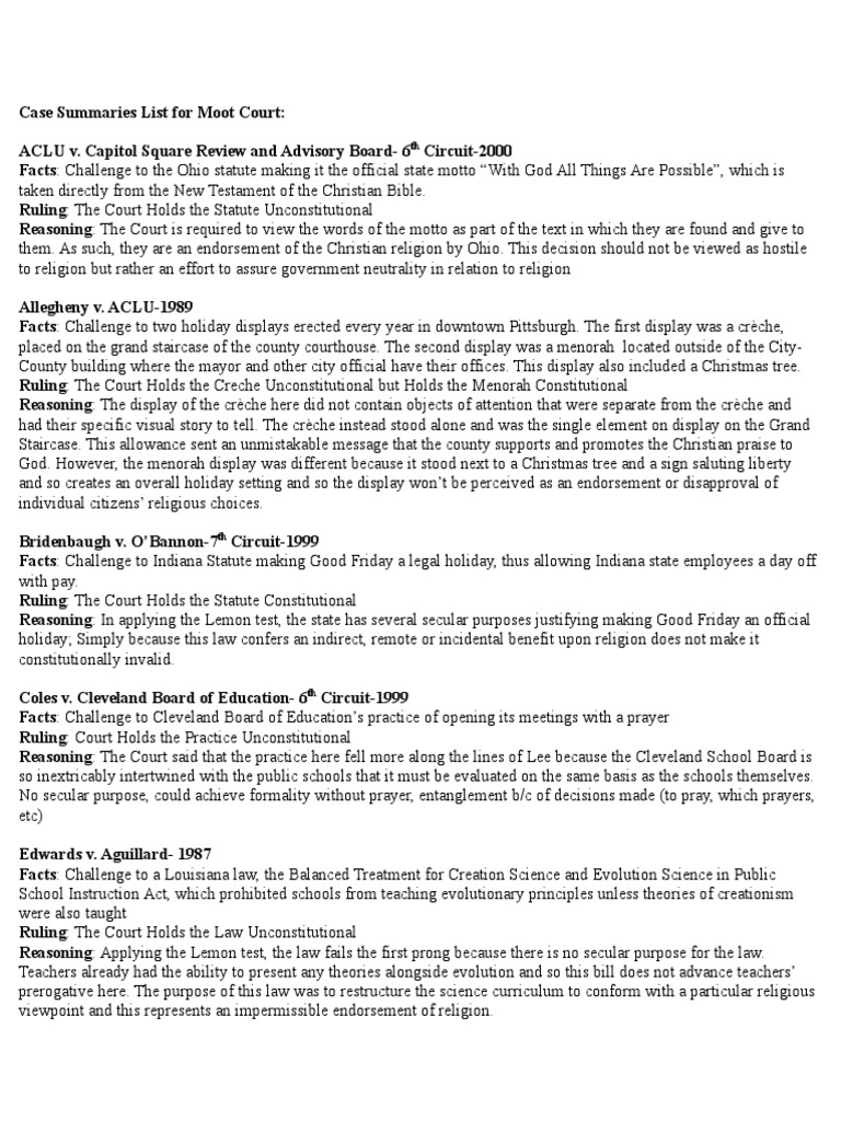Moot Court Case Cheat Sheet | PDF | Establishment Clause | First ...