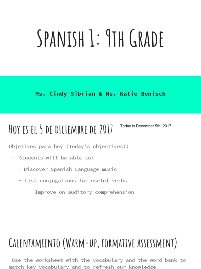 Spanish 1: 9th Grade: Ms. Cindy Sibrian & Ms. Katie Benisch | PDF ...