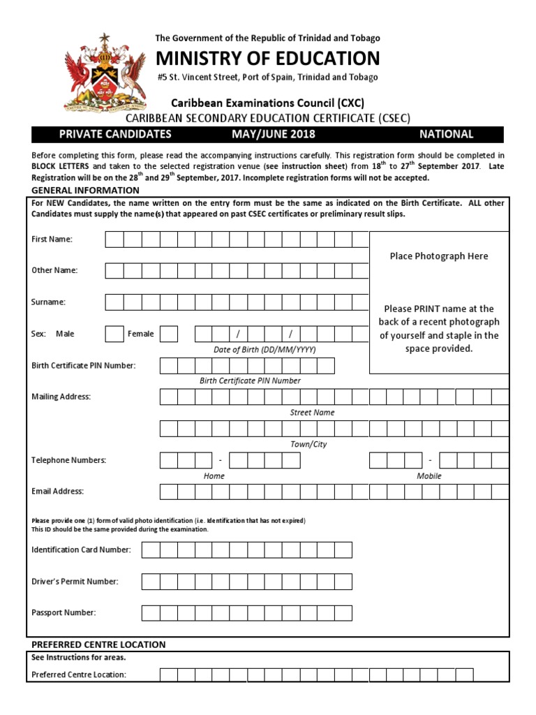 CSEC Registration Guidelines Trinidad | PDF | Trinidad And Tobago ...
