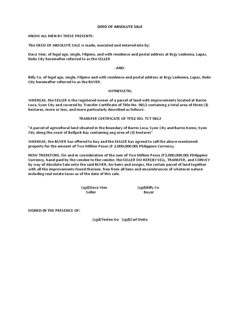 Sample Deed of Sale | Deed | Real Estate