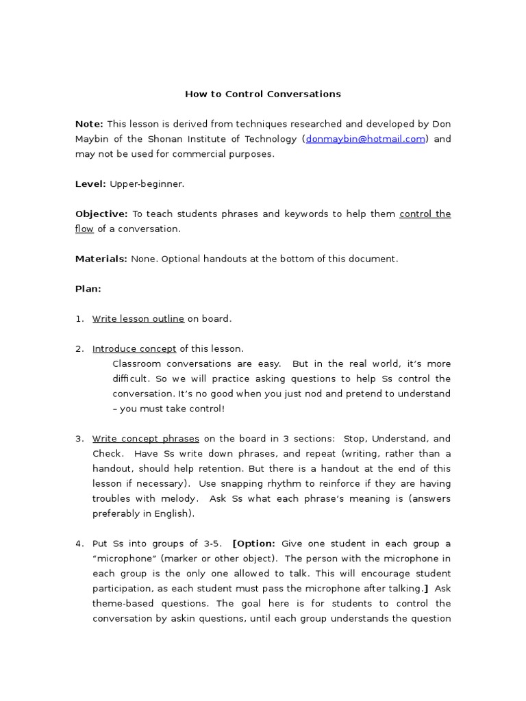 Conversation Control Lesson Plan | PDF | Question | Cognition
