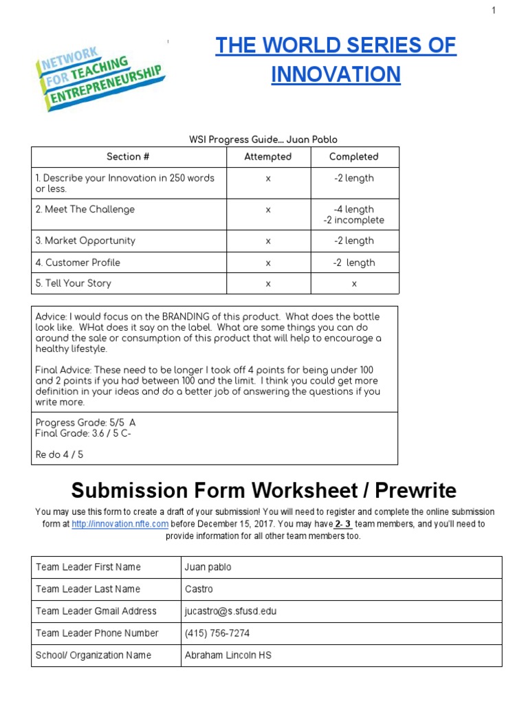 The World Series of Innovation: Submission Form Worksheet / Prewrite ...
