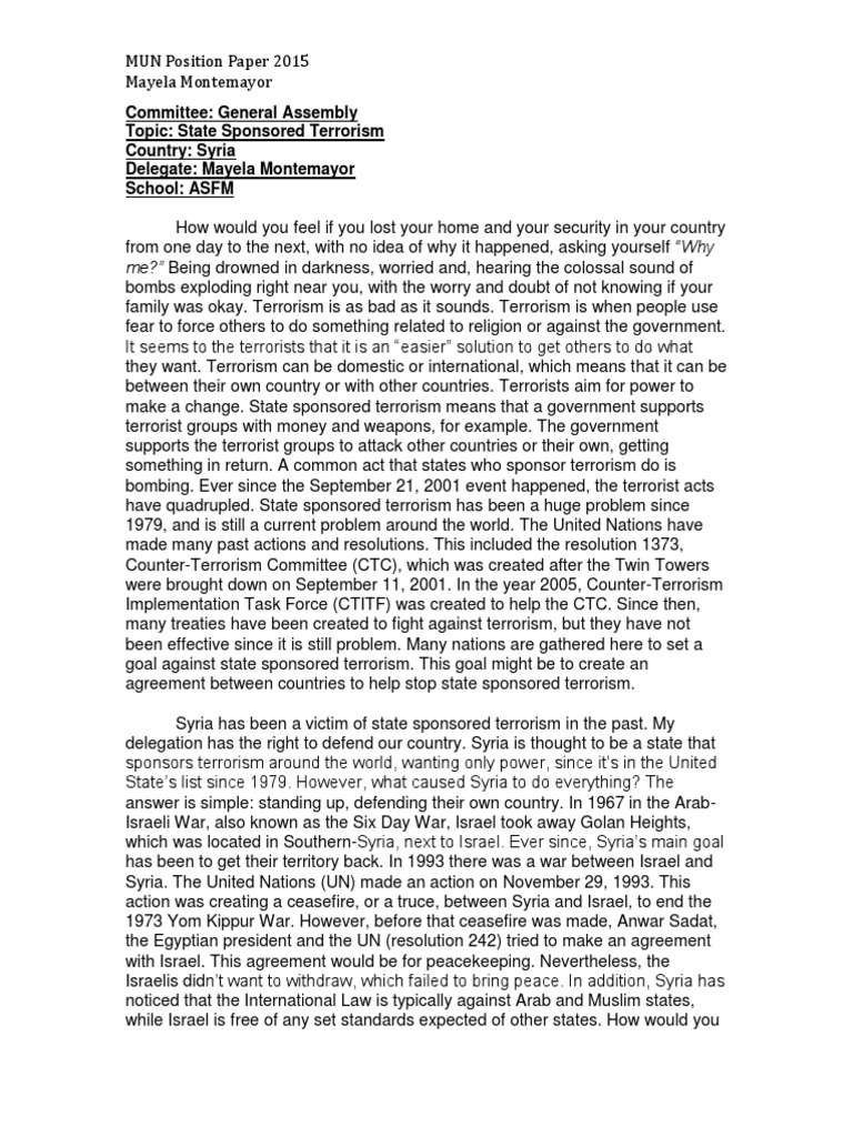 MUN Position Paper State Sponsored Terrorism 21e4z3t | PDF | Israel ...