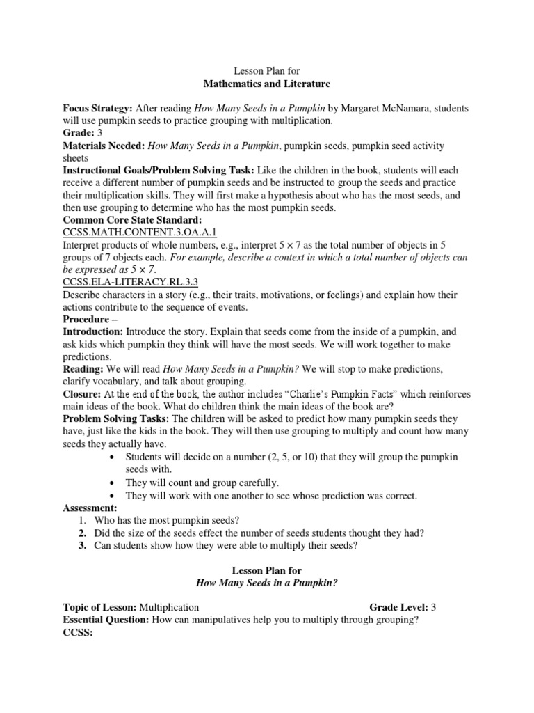 Pumpkin Seed Multiplication Lesson Plan | PDF | Lesson Plan | Reading ...