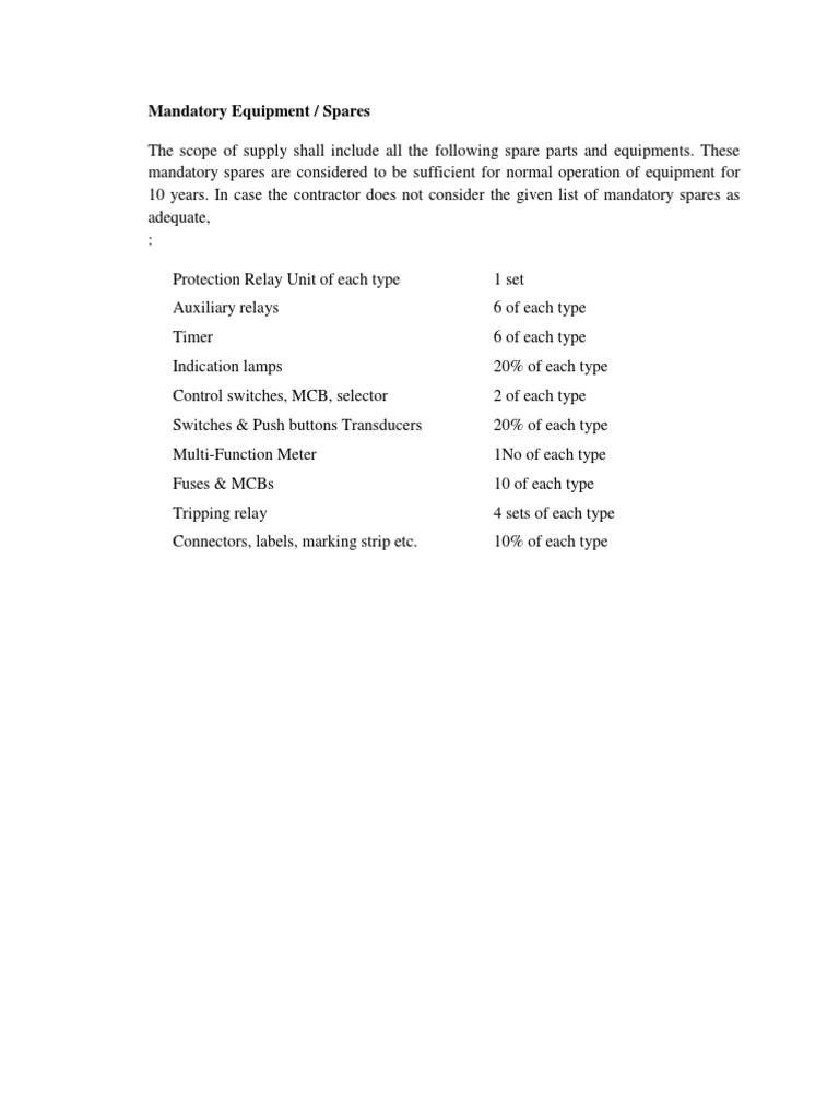 Mandatory Equipment / Spares | PDF