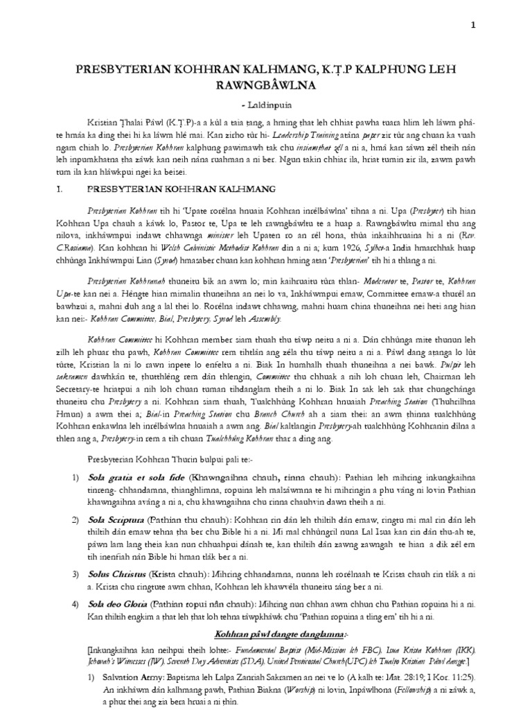 Presbyter Ian Kohhran Kalhmang, KTP Kalphung Leh Rawngbawlna | PDF | Religious Organizations ...