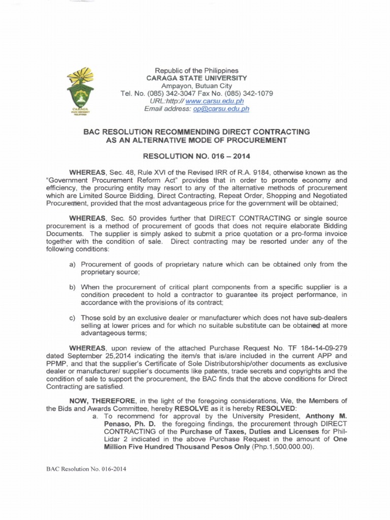 BAC Resolution Direct Contract | PDF | Procurement | Government Information