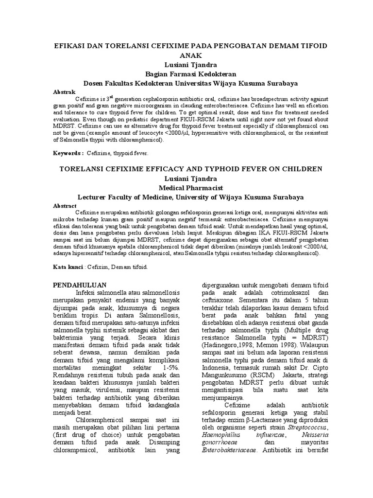 Efikasi Dan Torelansi Cefixime Pada Pengobatan Demam Tifoid Anak PDF | PDF