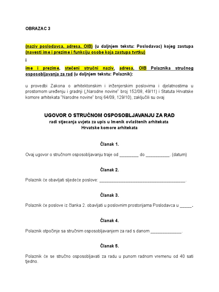 Obrazac 3 Ugovor o Strucnom Osposobljavanju Za Rad | PDF