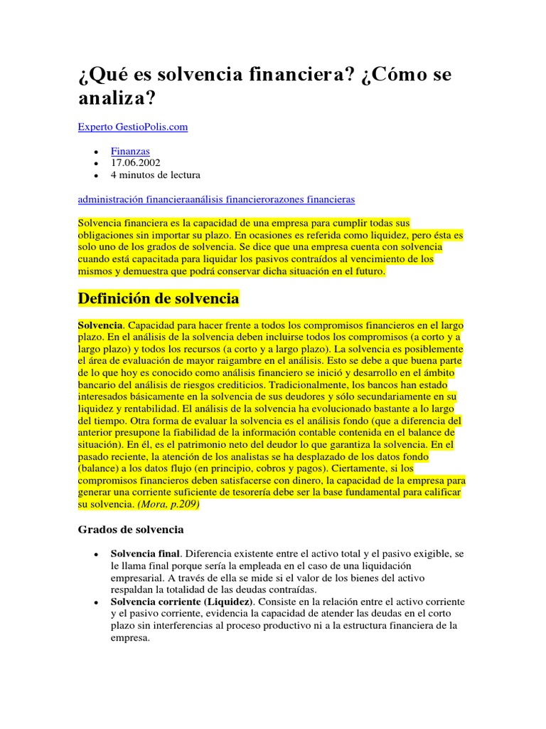 Solvencia Financiera-1 | PDF | Liquidez de mercado | Dinero