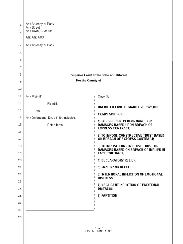 Sample Complaint for Palimony in California | Negligence | Complaint