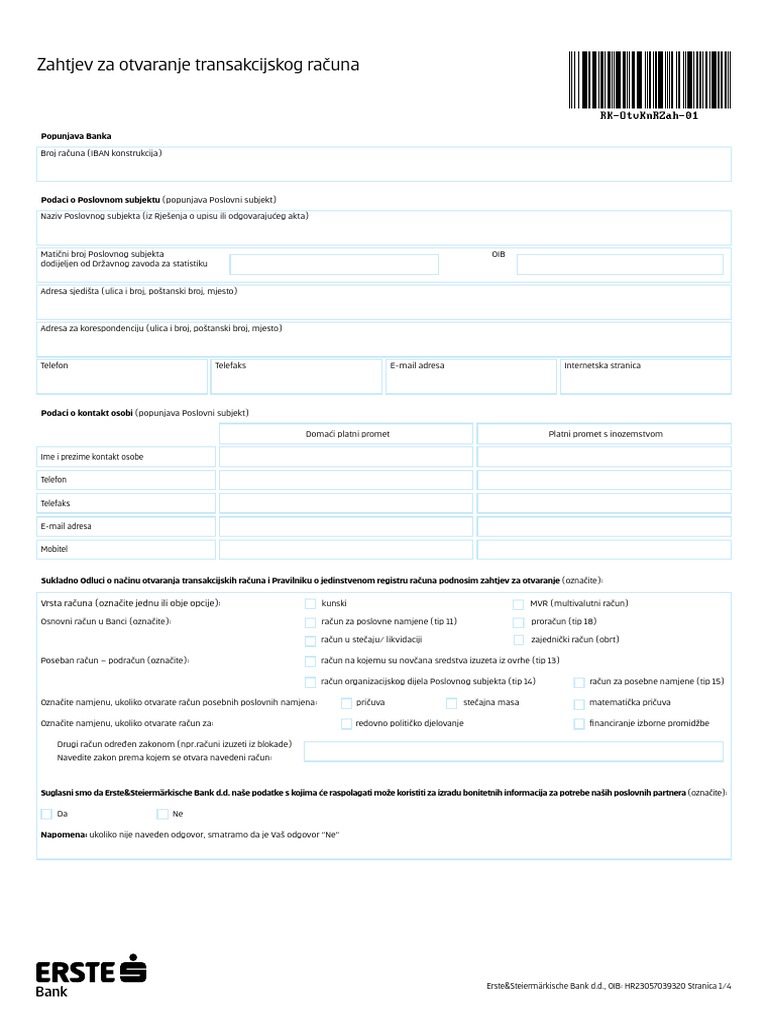 Zahtjev Za Otvaranje Transakcijskog Racuna | PDF