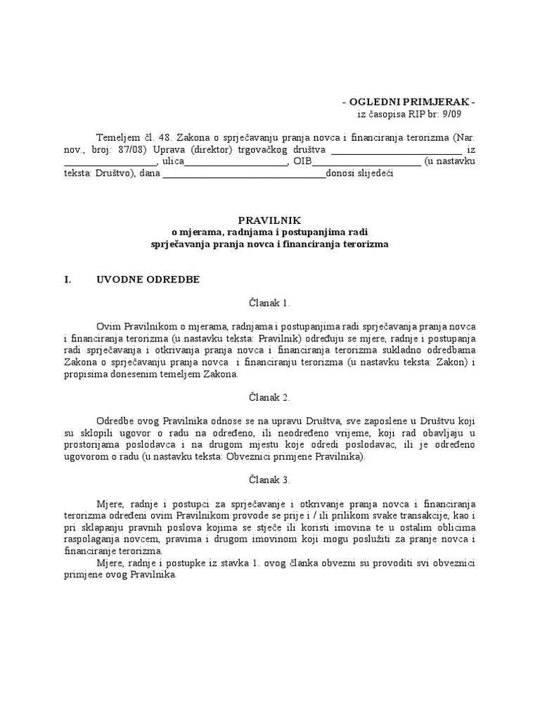 2_Ogledni Primjerak-Pravilnik o Sprjecavanju Pranja Novca