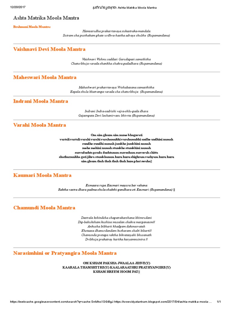 Ashta Matrika Moola Mantra Overview | PDF | Hindu Behaviour And ...