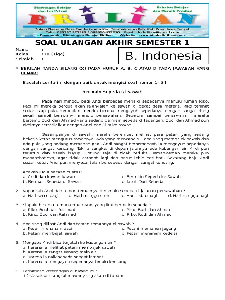 Soal UAS Bahasa Indonesia Kelas 3 SD Semester 1 | PDF | Griya & Taman