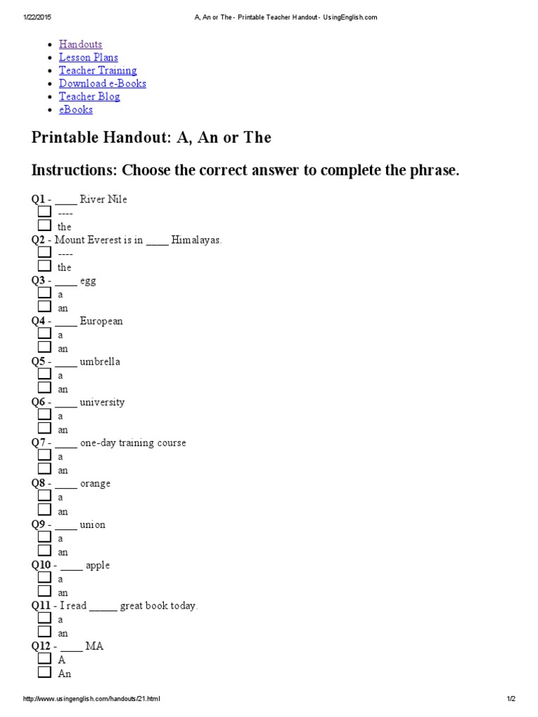 A, An or The - Printable Teacher Handout - UsingEnglish | PDF