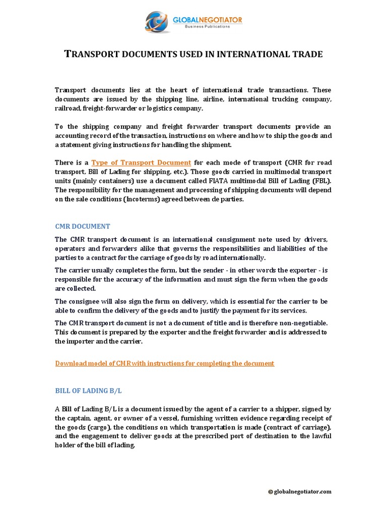 Transport Documents Used in International Trade PDF | PDF | Bill Of ...