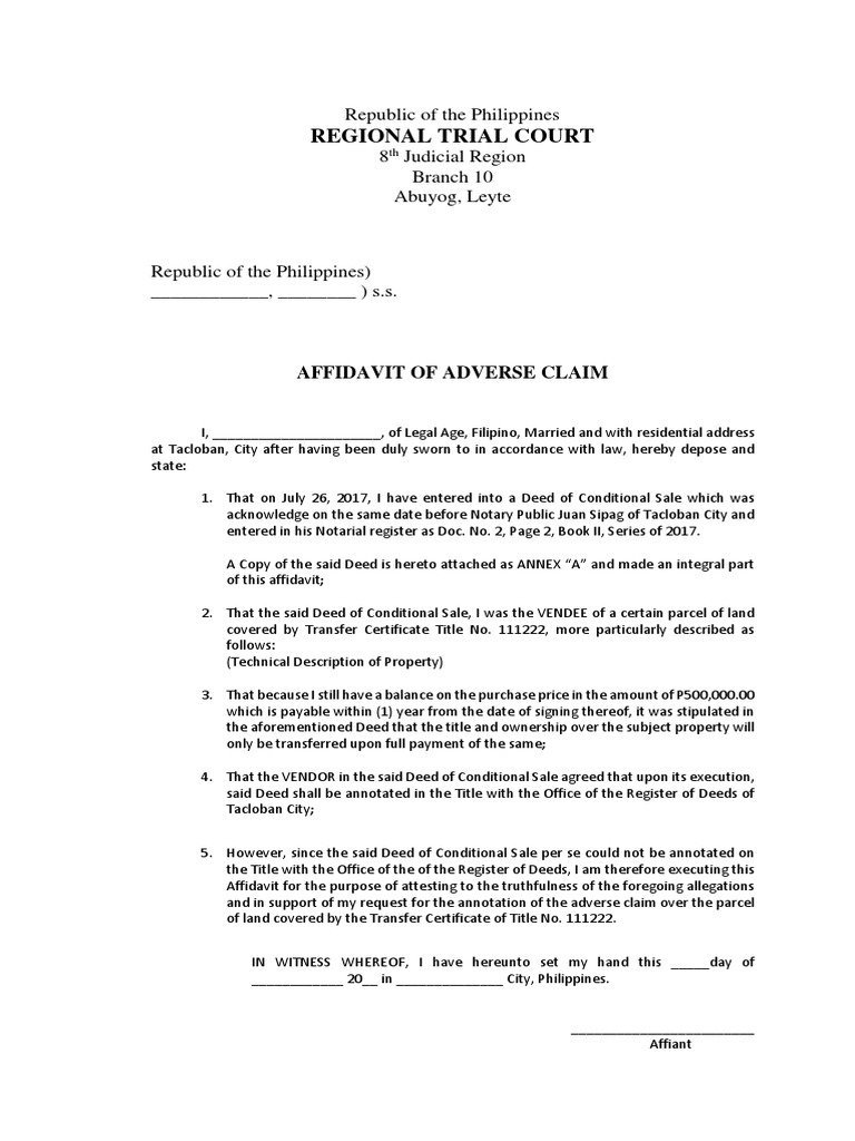 Affidavit of Adverse Claim | PDF | Affidavit | Deed