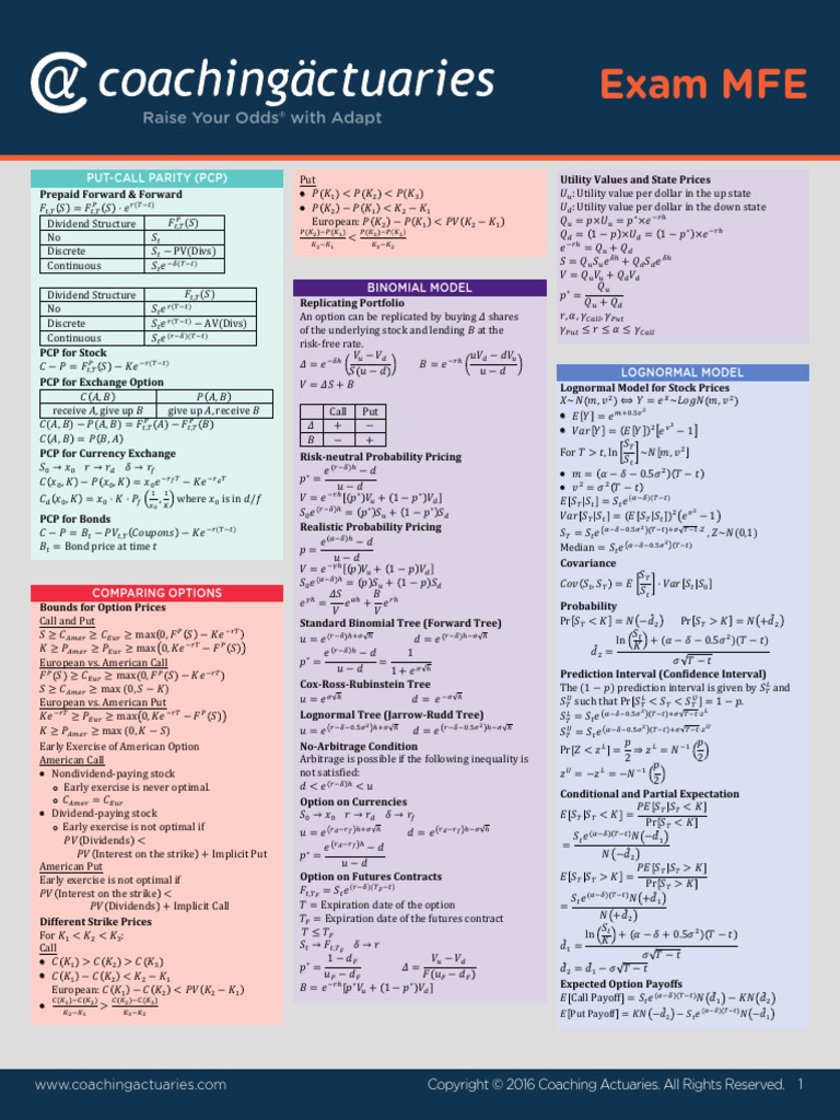 Mfe Formula Sheet PDF | Download Free PDF | Option (Finance) | Futures ...