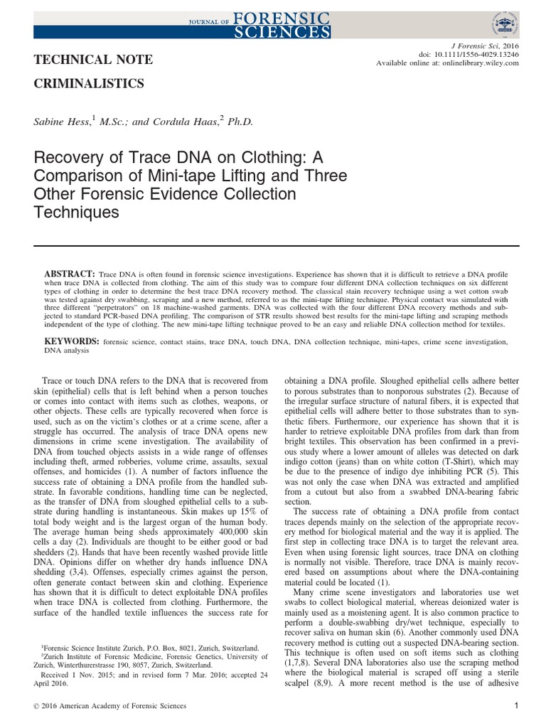 Jurnal Forensik Recovery of Trace DNA On Clothing A Comparison | PDF ...