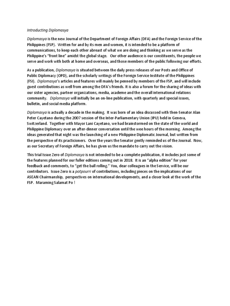 Introducting Diplomasya Diplomasya Is The New Journal of The Department ...