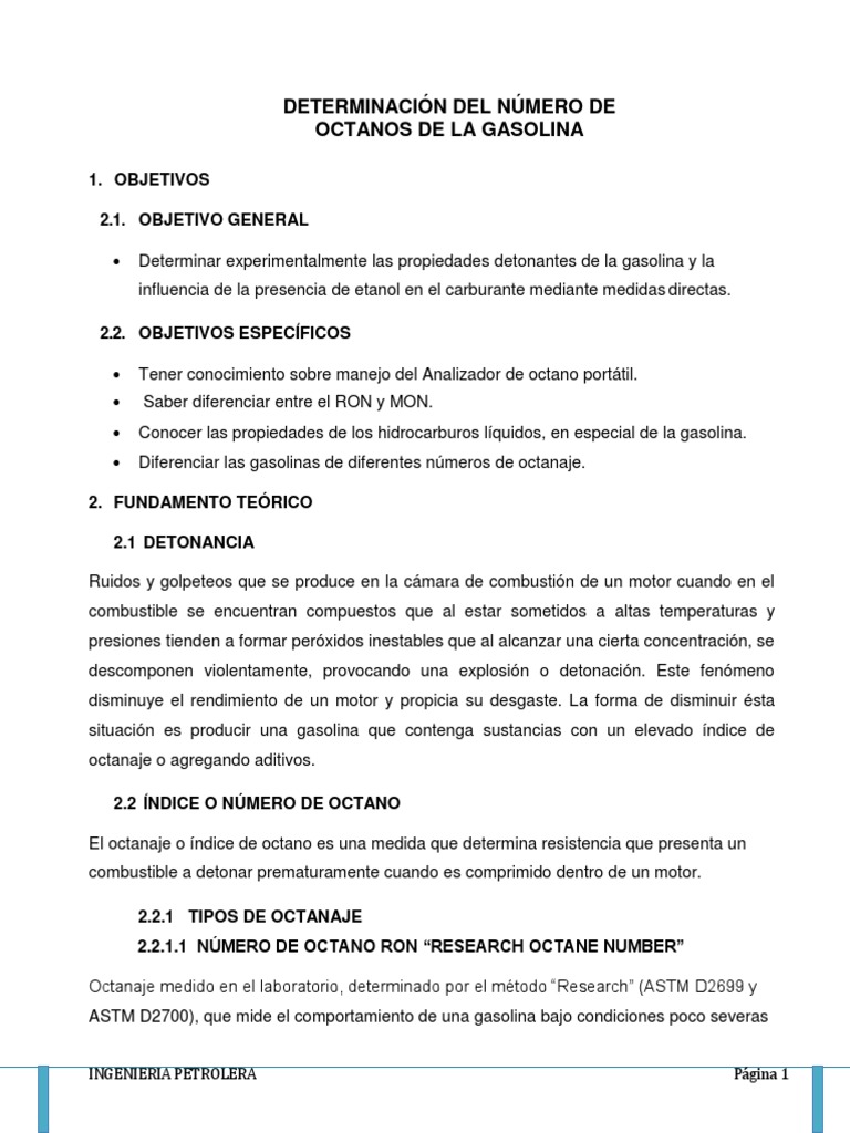 Octano de La Gasolina Teoria | PDF | Gasolina | Química
